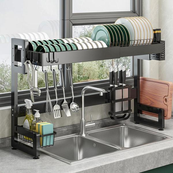 Style:ブラック_Size:[シンク上1段伸縮式]?[62?92cm] SVOHZAV 水切りラック 食器 シンク上 横置き 水切りかご 食器乾燥 錆びない 洗い物ラック 2段式 大容量 ディッシュラック キッチン 水切りカゴ 水が流れ...