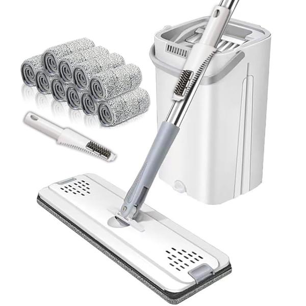 Size:バケツ+モップ+パッドx10 Cyoua 水拭きモップ フロアモップ モップ 拭き掃除 フラットモップ モップ絞り器付き バケツ付き 10枚交換モップパッド付き 手洗い不要 乾湿両用 ?把 掃除用品 掃除道具 mop 業務用 床掃...