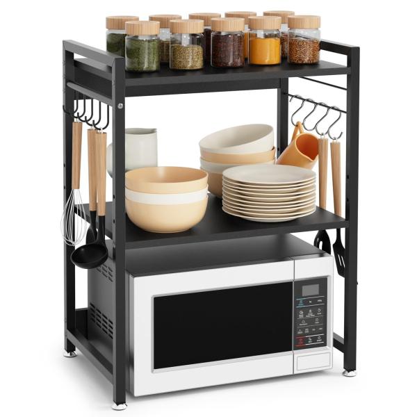 DEWEL レンジラック レンジ台 レンジ上ラック キッチンラック 中棚板高さ調節可 フック付き 幅53cm 食器棚 トースターラック ラック アジャスター付き キッチン収納 省スペース ブラック【商品詳細】 ◆完成品サイズ：幅53×奥行3...