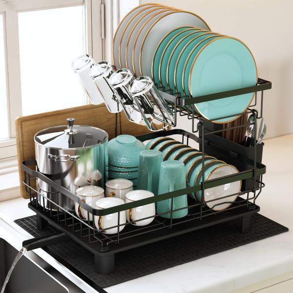 Color:ブラック 2段式 MAJALiS 食器 水切りラック 2段 食器乾燥ラック シンク上 水切りカゴ ラック 皿立て ミズキリ キッチン 台所 包丁スタンド 箸立て 自動排水 組立簡単 2段式「ブラック」長さ42.9*幅32.5*高...