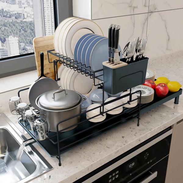 Size:40_Color:ブラック Trusthere 水切りラック 伸縮 食器 水切り 台所用品ホルダ キッチン収納棚 横置き 水切りかご 2段式 大容量 滑り止め 省スペース キッチン 台所 食器 収納 水切りかご 食器乾燥 皿立て ...
