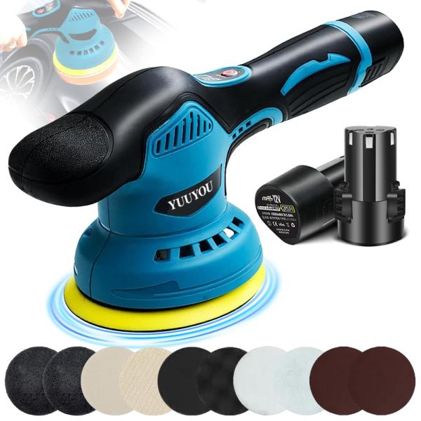 YUUYOU ポリッシャー 車 8段階変速 和式ポリッシャーバフ付き 125mm 1.5Ahバッテリ一2個搭載 12V 電動ポリッシャー コードレス 5500RPM 強力 充電式 研磨機 ダブルアクション 偏心構造 残量表示 小型 軽量 豊...