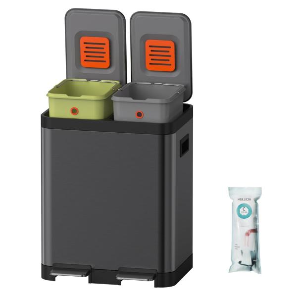 Color:黒 15+15L_Size:15+15L ステンレス製 フタ付き 分別ゴミ箱 2段 2×15L 大容量 ペダル式 ダストボックス 密閉 消臭 おしゃれ キッチン 室内 オフィス ベランダ用 静音 インナーバケット付き【高品質のス...