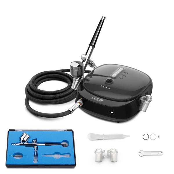 Color:ブラック Oasser エアブラシ セット ミニコンプレッサー 充電式 1000ｍAh電池やAC電源アダプタ兼用 ダブルアクション 重力式 2-15psi三段階圧力調節 プラモデルの塗装 ボディーアート 塗装用具 持ち運びやすい...