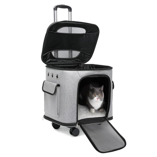 Color:グレー CHINSUKIDA 猫 キャリー キャスター付き 小型犬 キャリーカート 2way ペットキャリーバッグ 犬用ソフトクレート 折りたたみ可 マット付き 散歩 通院用 (グレー)【2wayペットキャリー】キャスターは取り...