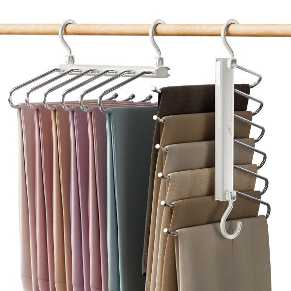 Size:2本組-ズボン用_Color:ホワイト TAILI ズボンハンガー スラックスハンガー 6段 パンツラック 360°回転 省スペース 多機能 滑り止め ズボン掛け 折りたたみ 跡がつかない スカート用 デニム適用 衣類収納 ステン...