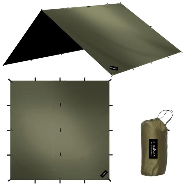Color:アーミーグリーン（難燃性ブラックコーティング ）_Size:3.5mx3.5m 【日本ブランド】 LUHANA タープ 正方形 スクエア 難燃性 ポリエステル 耐水圧8000mm ブラックコーティング シルバーコーティング ルー...