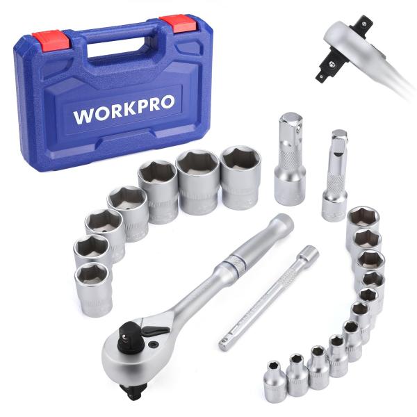 WORKPRO ソケットレンチセット ガレージツールセット ラチェットレンチ 22点組 差込角 12.7mm＆9.5mm＆6.35mm 3in1ラチェットレンチトハンドル バイク 自動車整備 カーメンテナンス 工具セット 収納ケース付【セッ...