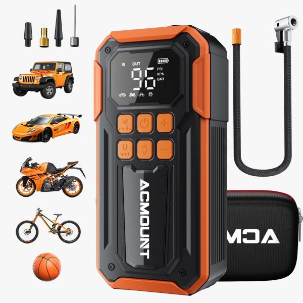 Color:オレンジ ACMOUNT 自転車 空気入れ 電動空気入れ バイク 車 エアーポンプ 10000mAh 大容量バッテリー 最大圧力160PSI タイヤ空気圧検知 自動停止 仏/英/米式 バルブ対応 SOS/LED懐中ライト付き 自...