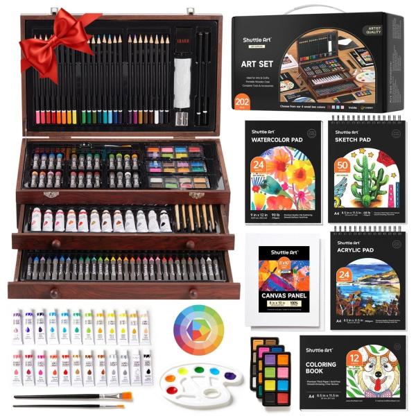 Shuttle Art お絵描きセット 202点 アートセット 画材セット 色鉛筆 アクリル絵の具 クレヨン 固形水彩 デッサン鉛筆 塗り絵 キャンバス スケッチブック イラスト 水彩画 鉛筆画 パレット・ブラシ付き お絵かきセット 収納ボ...