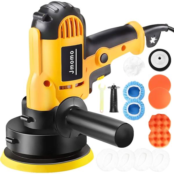 Color:イエロー Jmomo ポリッシャー 電動ポリッシャー 車 125mm 二十段変速可能 強力モーター 研磨機 サンダポリシャー 軽量 車磨き ワックス作業 塗装面用 家庭用 艶出し 傷消し 研磨パッド付き スポンジセット付き (イ...