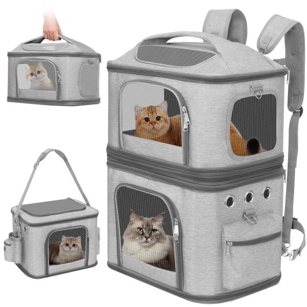 HOVONO 猫 2 匹 キャリー リュック 2段式 分離可 小型 犬 ペット ネコ の リュック ペットバッグ 特大 通気性 旅行/通院/交通機関/災害避難用ユニークな取り外し可能デザイン： 当製品は2つの独立したジッパー付きコンパートメ...