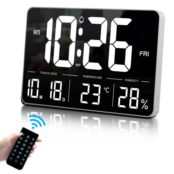Color:ホワイト DFBL デジタル時計 壁掛け 大型 LED 目覚まし時計 明るさ調節可能 月/日/温度/湿度/時刻表示 12時間/24時間切替式デジタル時計 置き時計 リモコン操作付き 家庭用/オフィス用/教室用(ホワイト)【多機能...