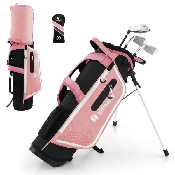 Size:5〜7歳向け GYMAX ジュニアクラブセット 子供 ゴルフクラブセット キッズ ゴルフセット 初心者向け 右用 ゴルフバッグスタンド付き ヘッドカバー付き 軽量 プレゼント ジュニア専用 女の子 男の子 キュートなピンク 3サイ...