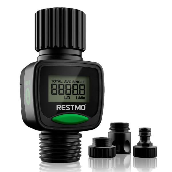 Size:1個 RESTMO 水流量計、高精度測定、庭のホース散水、RV 水タンク充填、芝生スプリンクラー、灌漑システム用のガロン/リットル消費量と流量を測定アダプターとコネクタを装備: アダプターは入口に取り付けることができ、3/4 イン...