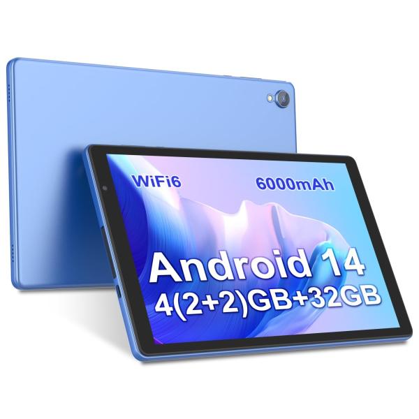 Color:ブルー Baken 10.1インチ Android 14タブレット、32GB ROM（最大1TB拡張可能）、6000mAhバッテリー、クアッドコアプロセッサ、4GB RAM、2.4G WiFi、デュアルカメラ IPS HDタッチ...