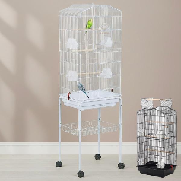 Color:ホワイト iimono117 鳥かご インコ 大型 スタンド付き (高さ163×幅46×奥行36cm) 持ち運び 鳥 ケージ バードゲージ 鳥小屋 引き出し式トレイ 止まり木 ブランコ 餌入れ 文鳥 セキセイインコ オカメインコ...