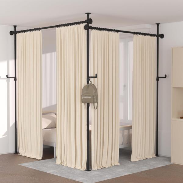 Color:ブラック_Size:3ポール KELIXU 突っ張り式 パーテーション 間仕切り 高さ110〜317cm×奥行110〜317cm×幅110〜317cm つっぱり棒 カーテンレール ポール 縦横伸縮 取付簡単 リングとミニフック付...