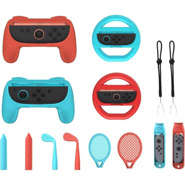 NBCP 14-in-1 Switch 2用 (2025)スポーツアクセサリーキット　ステアリングホイール、剣、テニスラケット、ゴルフクラブを同梱したモーションコントロールゲーム 　レース、戦闘、フィットネスプレイに最適 (Red Blue...