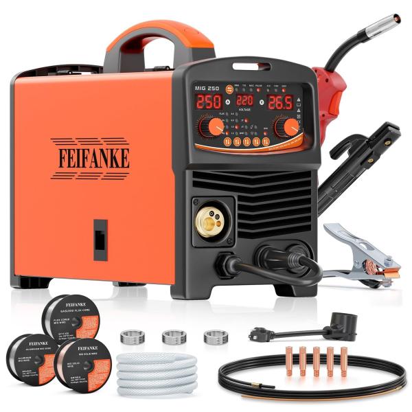 FEIFANKE 溶接機 250A アルミ溶接機 110V 220V兼用 多機能半自動溶接機 1台6役 シナジック制御 ガスMIG/ガスレス フラックスコアMIG/シングルパルスMIG/リフトTIG/スティック/2T/4Tスポット/アルミ溶...