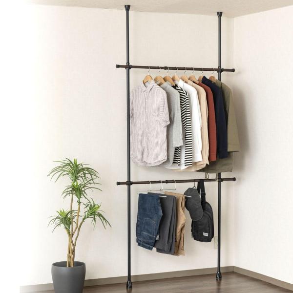 Color:ブラックA_Size:2段 ドウシシャ 省スペースに設置可能な突っ張りハンガーラック 2段式 ブラック 夏服約48着収納可能 縦横伸縮可能 簡単組立 突っ張りラック スリム スチール 伸縮 おしゃれ 全体耐荷重24kg 幅75~...