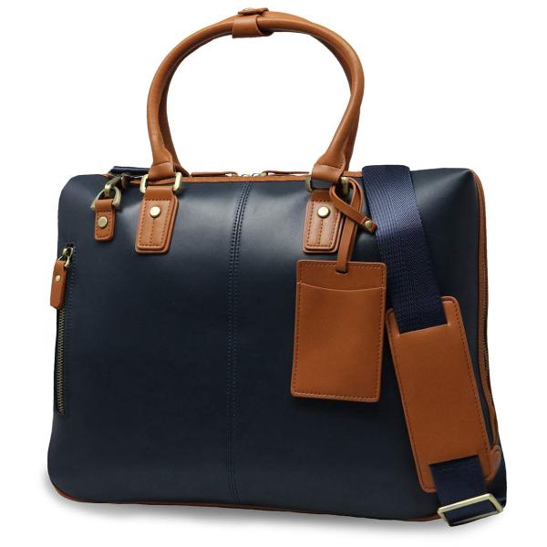 Color:ネイビー/キャメル [VORQIT] ビジネスバッグ メンズ 革 本革 2way 自立 大容量 A4 B4 ショルダーベルト付き 斜めがけ バッグ 通勤 軽量 ビジネスバック かばん 出張 (ネイビー×キャメル)デザイン性と機能...