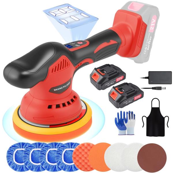 Color:レッド 【改良強化版】電動ポリッシャー コードレス ポリッシャー ダブルアクション 充電式 21V 580W 8段変速 6000回転/分 大容量バッテリ一4000mAh LEDディスプレイ 150mm 手持ち 小型 強力 偏心構...