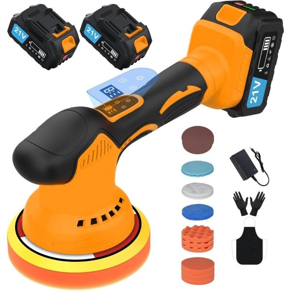 充電式コードレスポリッシャー（1500mAh 21Vバッテリー2個付き）、ダブルアクションポリッシャー、22点アクセサリー付き 8段変速搭載 車磨き・鏡面仕上げ・傷消し・艶出し・ワックス作業・家庭用【2025年新型アップグレードポリッシャー...