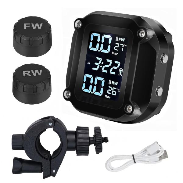 空気圧モニター 二輪車用 TPMS タイヤ バイク用タイヤ検出器 ポータブル高精度センサー 防水設計 LCD表示 温度＆圧力同時測定 アラーム機能付 ブラケット取付け【リアルタイムモニタリング＆LEDアラーム】 空気圧・温度・走行時間をデジ...
