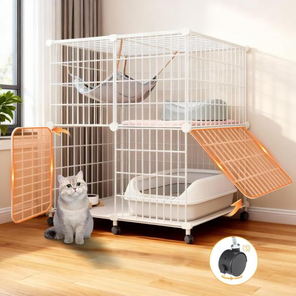 NODIBRO 猫 ケージ 2段 猫用ケージ キャスター付き キャットフェンス 多頭飼い 組立簡単 掃除しやすい コンパクト 簡単に移動 脱走防止 保護用 室内用 取り外し可能な 快適なスペース おしゃれ 約幅70x奥行45x高さ76cm ...