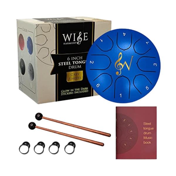 Wise Harmony タングドラム スリットドラム 6インチ 8音 Cキー ブルー 青 光るステッカー付 マレット＆フィンガーピック付 知育楽器 打楽器 親子で楽しめる 音感教育 プレゼントに最適 瞑想 ヨガ リラクゼーション世界で選ば...