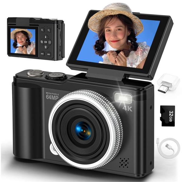 Color:ブラック デジカメ 4K デジタルカメラ 6400万画素 180度回転可能ディスプレイ 自撮り 16倍デジタルズーム オートフォーカス機能 スマイル検出 連続撮影 2.4インチ画面 ウェブカメラ 32GBカード付き 初心者向け ...
