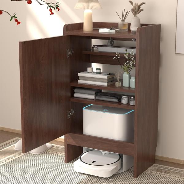 ロボット掃除機 収納 キャビネット｜幅44×奥行30×高さ84cm・上段ルーター整理・可動棚3段＋下段ドック収納・扉付き防塵・木製ブラウン・省スペース・日本語説明書付きロボット掃除機 収納キャビネット｜ルンバ 収納・ルンバ基地として使える多...