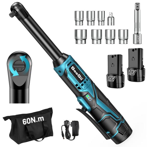 Style:60N.m SEESII 電動ラチェットレンチ ラチェットレンチ 充電式 コードレス 延長型 12V 全長395mm 最大トルク60N.m 正逆転切替 無段変速 差込角3/8" 1/4”アダプター 多機能10/11/12/13/...