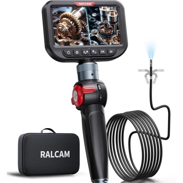 ?【先端180°可動 &amp; デュアルカメラ】Ralcamファイバースコープは手元操作で先端が上下180°自在に曲がり、詳細な検査を可能にします。デュアルカメラによる同時撮影で、配管や機械内部の死角をほぼ完全にカバー。全方位の写真・ビデ...