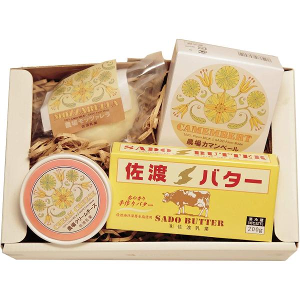 【規格】クリームチーズ：１００ｇ×１個モッツアレッラチーズ：１００ｇ×１個カマンベールチーズ：１００ｇ×１個佐渡バター：２００ｇ×１個【製品特徴】「原材料へのこだわり」「クリーンミルク生産農場」佐渡の特定酪農家の生乳を原料に、こだわりの製法...