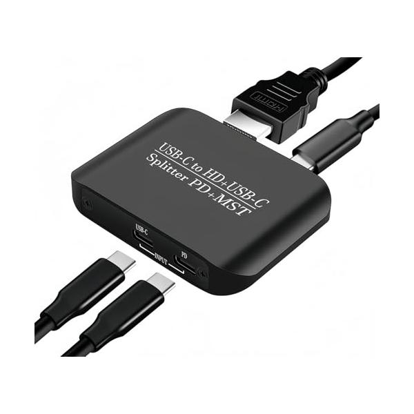 ブラック/4K 60Hz/-・USB-C - HDMI スプリッターType-C to HDMI+Type-C アダプタはビデオ出力デバイスの画面を2つディスプレイに表示させます。外部ウルトラHD大画面で映画やゲームを家族と楽しむことができ...