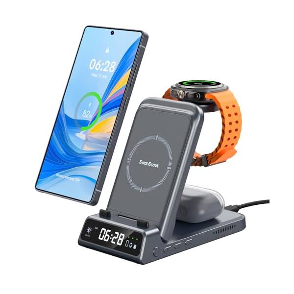 グレー/-/S10010・置くだけ簡単＆安心保護ケーブル不要のワイヤレス充電で、毎日の充電がもっと快適に。SwanScout 3in1 ワイヤレス充電器は、高性能チップによる温度管理や異物検出、過電流・過電圧・過充電保護など、多層的な安全設...