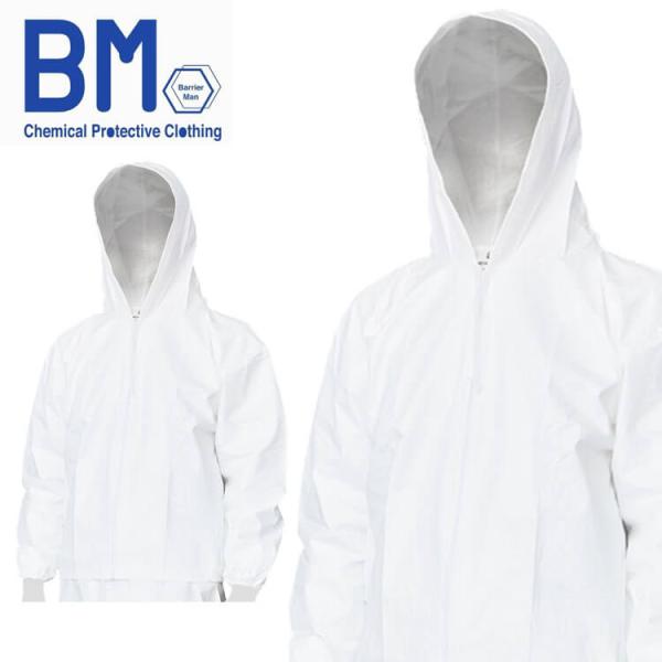 [カラー]ホワイト[サイズ]M・L・LL・3L[特徴]・動きやすいセパレートタイプ[仕様]・右前ポケット、前ファスナー開・ゴム入/袖口、ウエスト左右・フード部ロープ紐・帯電防止※取り寄せ商品、在庫の有無と納期は後日連絡