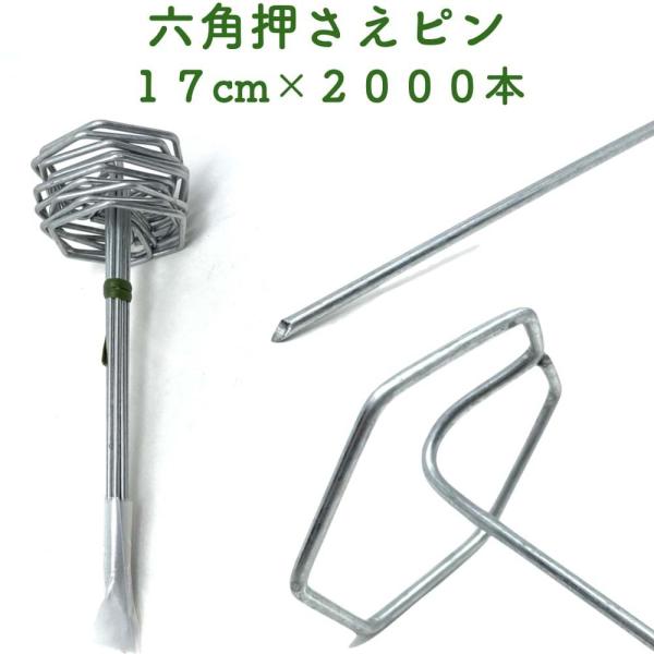 【製品情報】長さ：１７ｃｍ太さ： ３mm入数：２０００本入り材質：鉄製【ピンを打ち込む数の目安】長辺上部： 50ｃｍ間隔長辺下部： 50ｃｍ間隔中央部　：100ｃｍ間隔短辺両端： 25ｃｍ間隔（例）幅1ｍ×長さ10ｍのシートに押さえピンを打...
