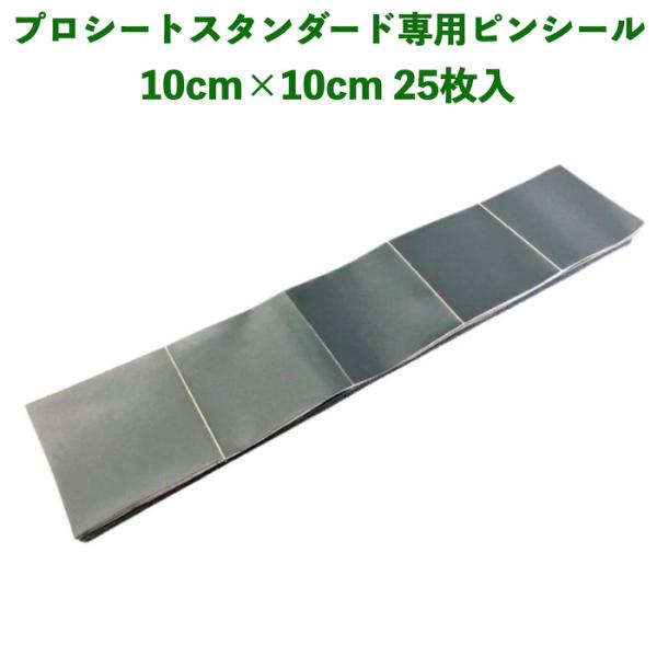 【商品内容】商品名：【プロシート スタンダード】専用ピンシール 10cm x 10cm 25枚入りサイズ：10cm × 10cm入数：25枚入色：ダークグリーン【用途】止めピンの穴や打ち損じであいた穴など防草に止めピンの抜けを抑制する効果も...
