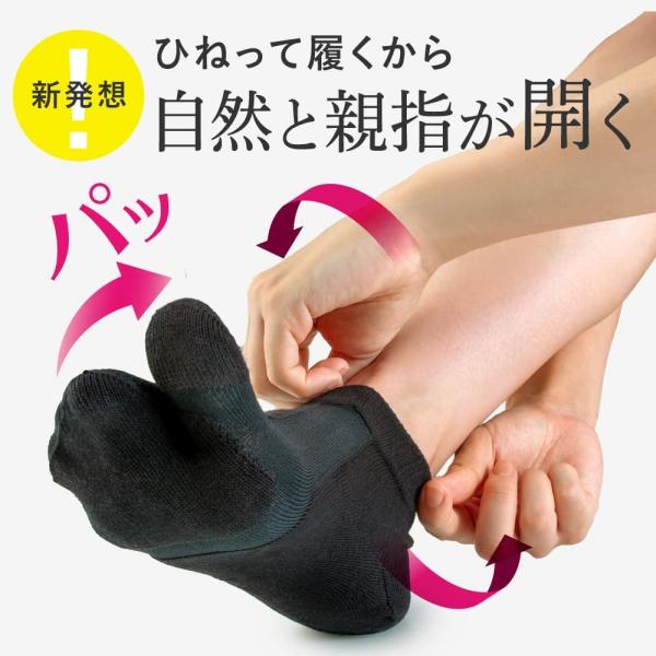 新発想！ひねって履くから自然と親指が開く 靴下感覚の外反母趾サポーターひねって履くことでプルラインが引っ張られ、足を締め付けることなく自然と親指が開きます。●靴下の町・奈良で製造日本の伝統が育てた奈良の職人が丁寧に作っています。●どうやって...