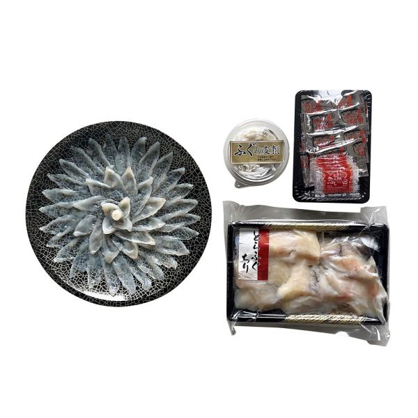 とらふぐフルコース D-100Fとらふぐの刺身と、とらふぐちりのセットです。とらふぐ本来の味と贅沢な味わいをお楽しみください。 ■ブランド・シリーズ名：国近商店■商品詳細：とらふぐ刺身65g、とらふぐ皮40g、とらふぐちり250g、ポン酢1...