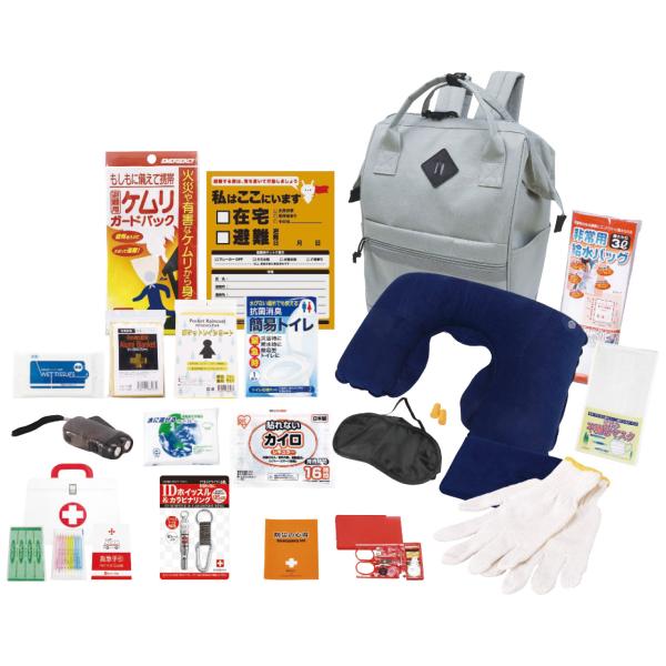 エマージェンシーリュック20点セットガマグチタイプのリュックで入れやすく取り出しやすい防災セット。 ■商品内容：19×29×36cm収納リュック1個・ポリエステル製、その他（画像参照） ■製造生産地：日本・中国・タイ・ベトナム製■箱サイズ：...
