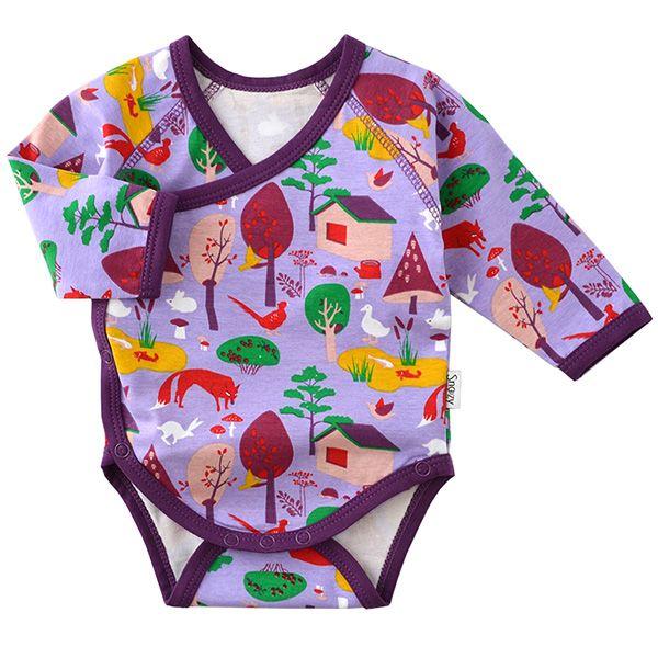 鳥さん・ウサギさん・キツネさん…森の動物たちがお散歩中♪やさしいニュアンスカラーとパイピングのパープルが絶妙な組み合わせ☆前開きタイプですから新米ママにも安心ですね。伸縮性のある素材は適度にフィットし着心地も申し分ありません。■素材：コット...