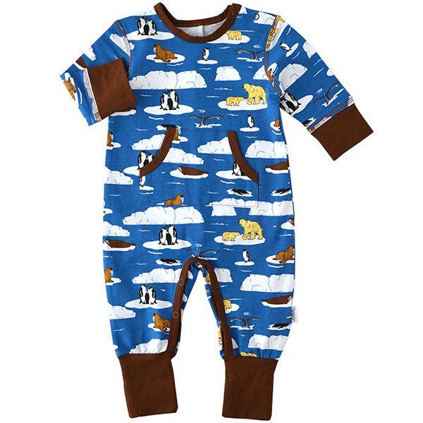 白くま・ペンギン・アザラシ…北極の海を思い思いに楽しんでいます。たくましく育って欲しい！そんな気持ちが届きそうなロンパースです。足首部分のリブはスッポリくるめる返し付きです。肩にはスナップボタンが付いていますのでお着替えもラクラク！伸縮性の...