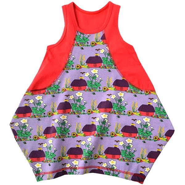 明るめレッドとパープルのコントラストが個性的☆スカートがプックリふくらんだデザインのワンピースです。とてもオシャレななシルエットに！大胆な色使いとインパクトのあるテキスタイルは北欧ブランドの「スヌージー」ならでは。お出かけが楽しくなるデザイ...