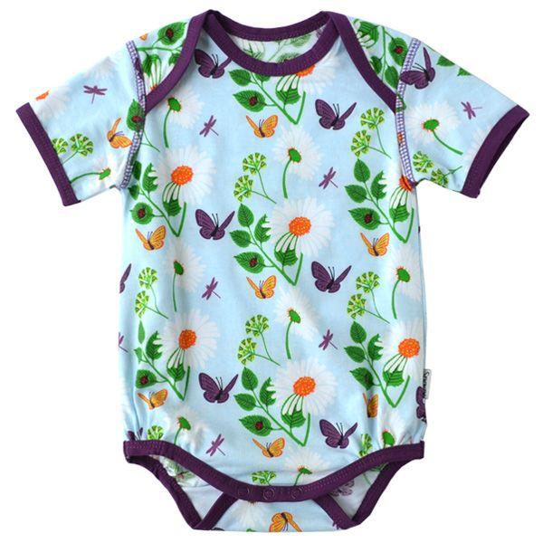 デイジーの清楚なイメージと淡いブルーの組み合わせがさわやかなボディスーツです。パープルのちょうちょやパイピングが差し色になっています。デザイン性が高く高品質のテキスタイル。伸縮性のある素材なので、適度にフィットし着心地もバツグンです。■素材...