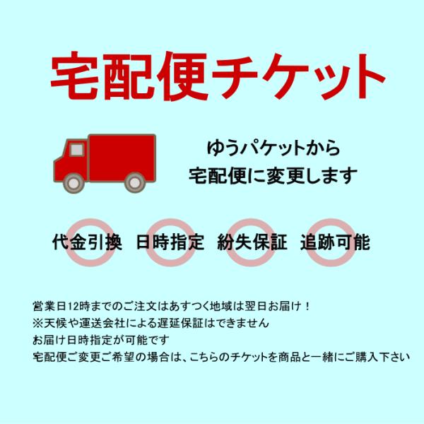 ■メール便から宅配便にご変更のお客様専用のみ利用可能となります。・宅配送料690円【宅配便チケット】・お急ぎの場合は「宅配便チケット」を同時にご購入ください。・ゆうパケットから宅配便に変更します。■営業日12時までのご注文はあすつく地域は翌...