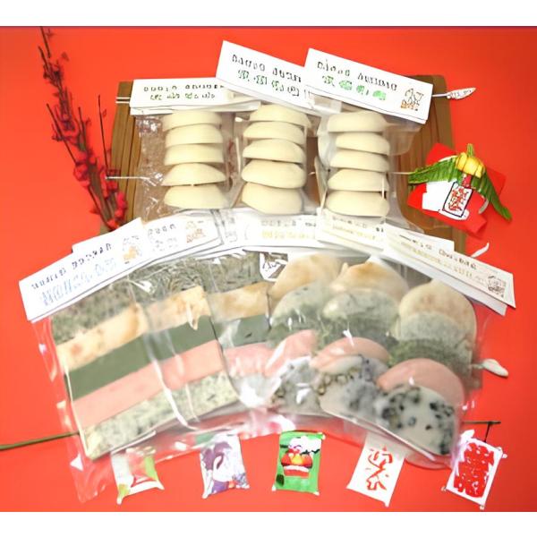 福井県産特別栽培たんちょうもち米を使用しております。【セット内容】当店のオススメ商品が各3袋ずつ入っています。お得なセットとなっております。【商品内容】・白丸もち　５個入×3袋入・越前昔のしもち（白黒ごま・昆布・エビ・蓬・大豆　５種類入）×...
